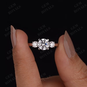 Three Stone Round Engagement Ring Moissanite Ring 14K Gold Heart Prongs ...
