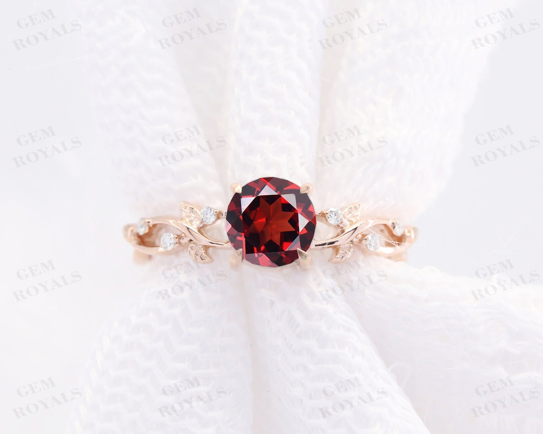 Nature Inspired Round Garnet Ring Natural Garnet Engagement Ring Dainty ...