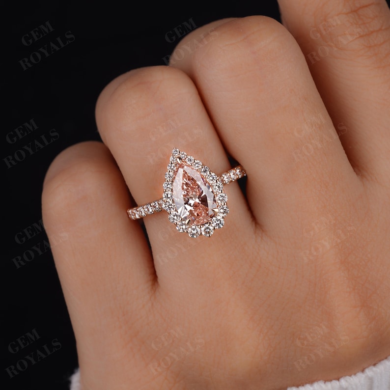 Pear Pink Lab Grown Diamond Ring, Graduating Halo, Vintage Style Ring ...