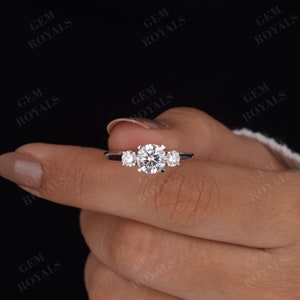 Three Stone Round Engagement Ring Moissanite Ring 14K Gold Heart Prongs ...