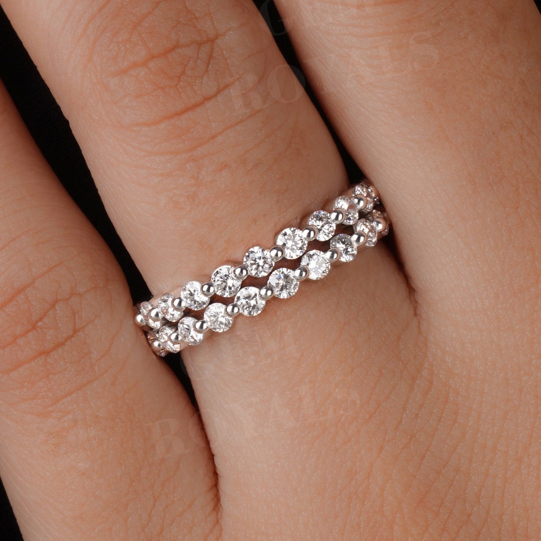 Round Cut Moissanite Wedding Band Set 14K Gold Full Eternity CZ Band ...