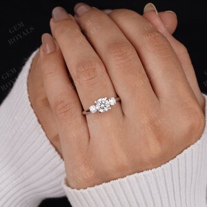 Three Stone Round Engagement Ring Moissanite Ring 14K Gold Heart Prongs ...