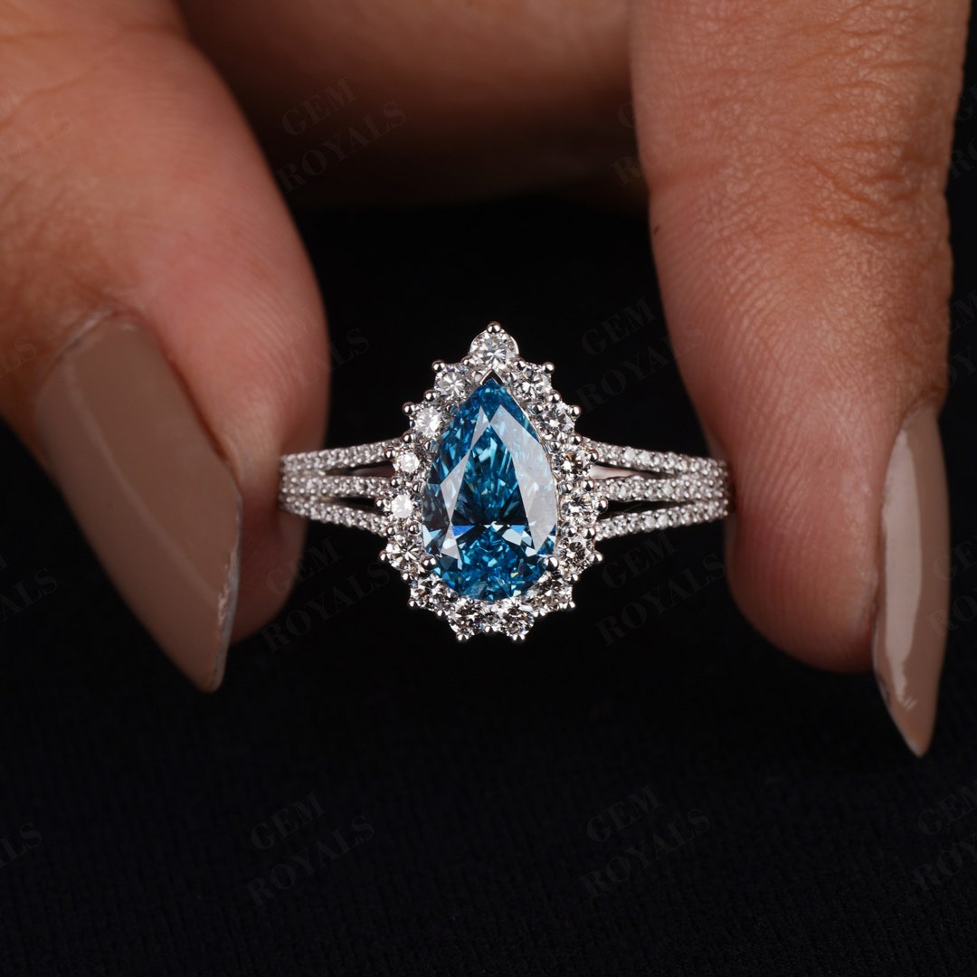 1.0 CT Fancy Blue Lab Grown Diamond Ring Pear Halo Engagement Ring ...