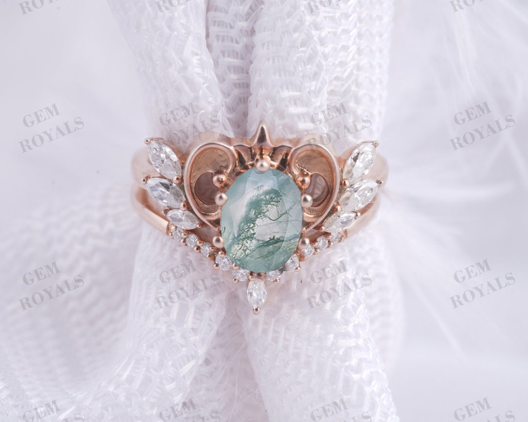 Vintage Flying Heart Oval Moss Agate Engagement Ring Set With Chevron ...
