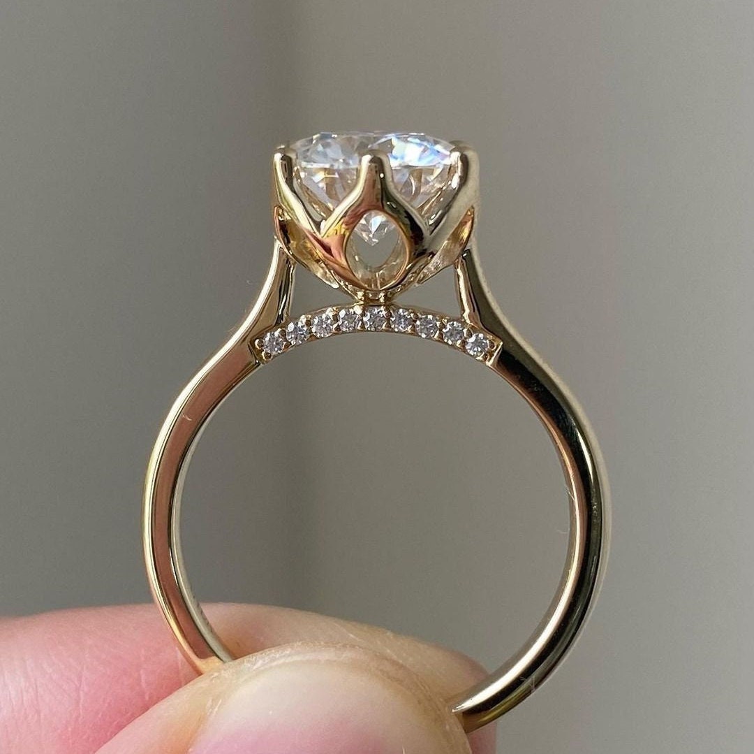 Tulip Lotus Prong 8MM Round Moissanite Solitaire Engagement Ring 14K Solid Gold Hidden Halo ...