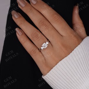 Three Stone Round Engagement Ring Moissanite Ring 14K Gold Heart Prongs ...