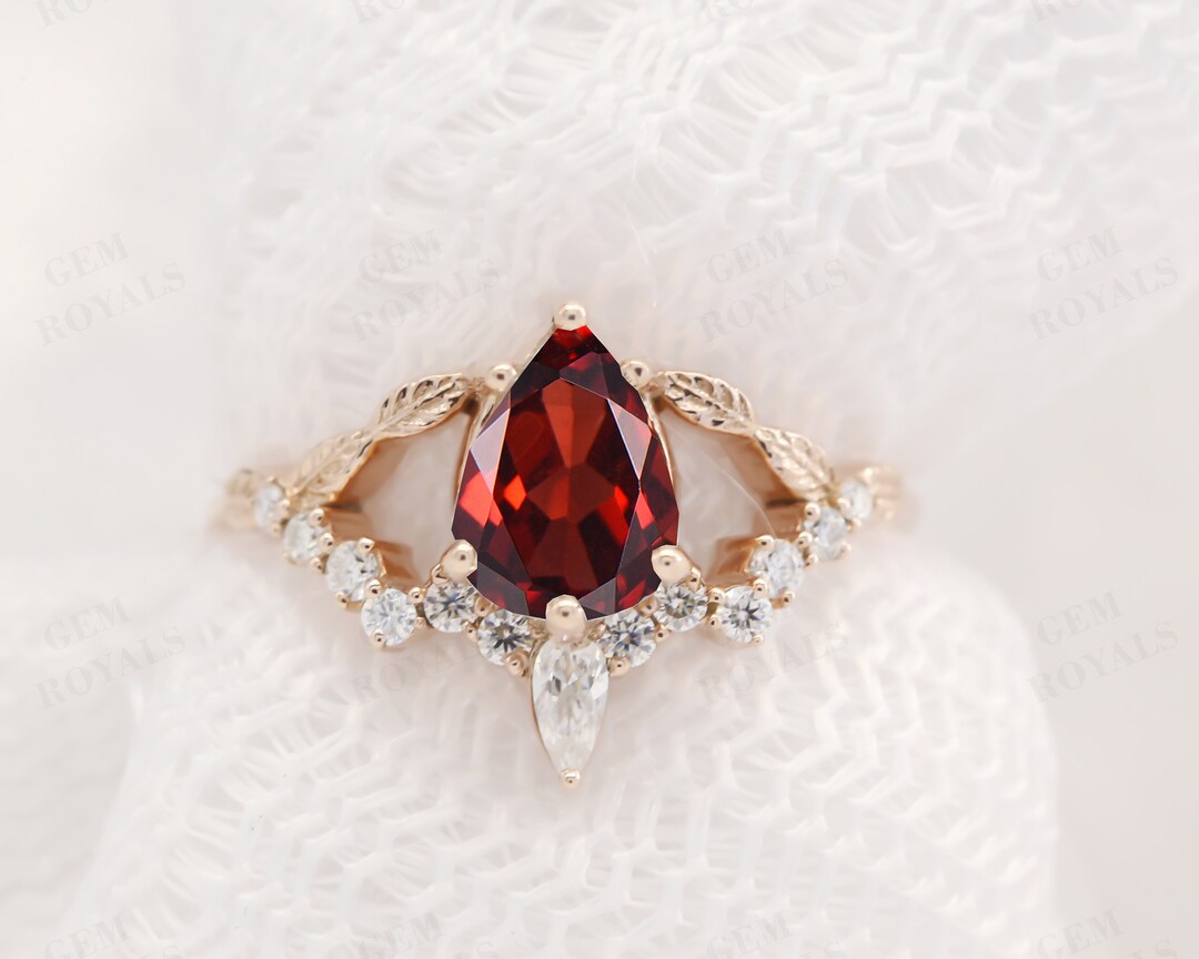 Art Dec Pear Shaped Garnet Engagement Ring 14K Rose Gold Vintage Style ...