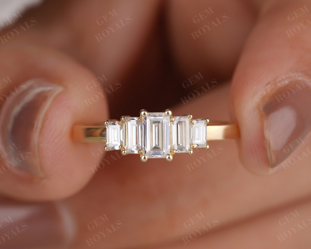Art Deco Engagement Ring Baguette Moissanite Ring 14K Gold Ring for Women Bridal Ring Cluster ...
