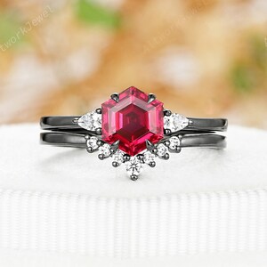 Gothic Hexagon Cut Ruby Engagement Ring Set, Rhodium Black Gold July ...