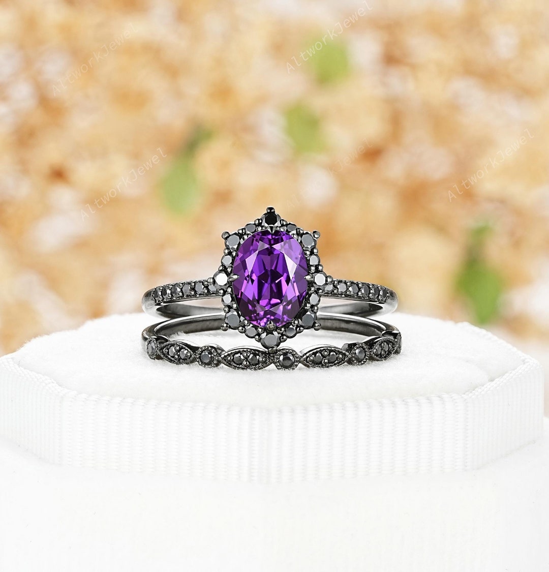 Gothic Violet Sapphire Engagement Ring Set Rhodium Black Gold Oval ...