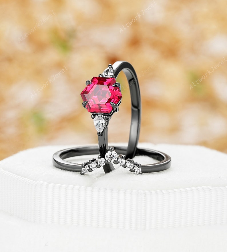Gothic Hexagon Cut Ruby Engagement Ring Set, Rhodium Black Gold July Birthstone Bridal Set, Ruby ...