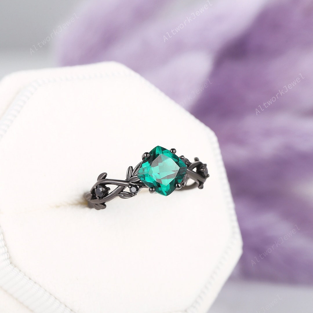 Black Gold Emerald Leaf Engagement Ring, Rhodium Black Cushion Cut Emerald Wedding Ring, Black ...