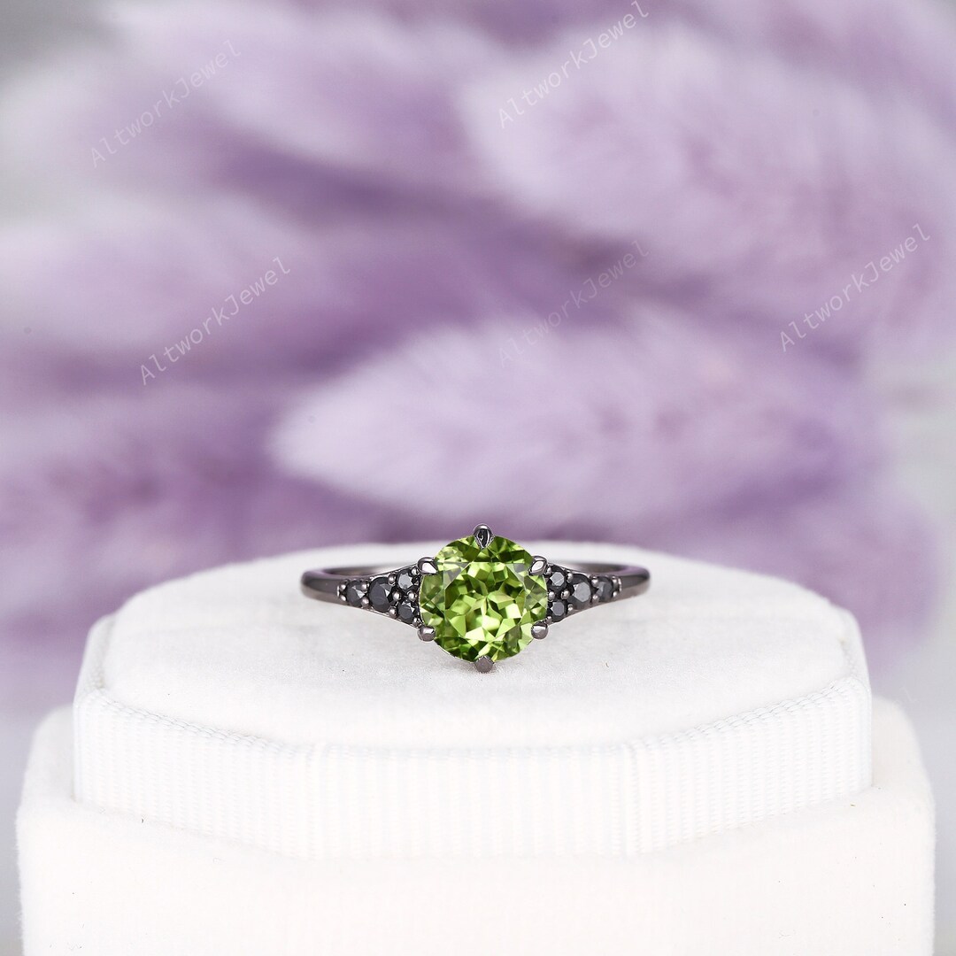 Gothic Peridot Engagement Ring, Black Gold Round Cut Peridot Wedding ...