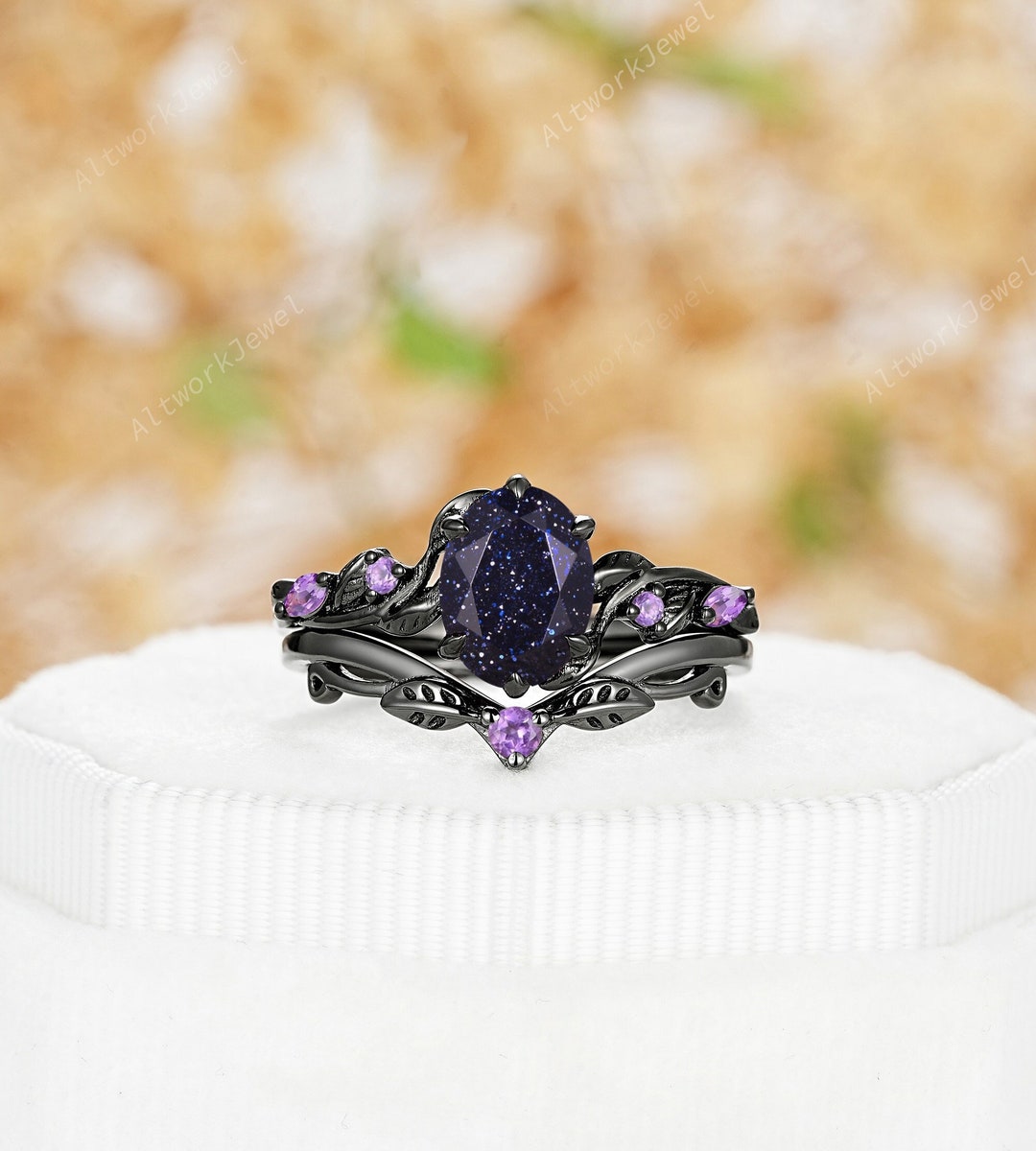 Nebula Blue Sandstone Gothic Bridal Set, Rhodium Black Gold Oval Blue ...