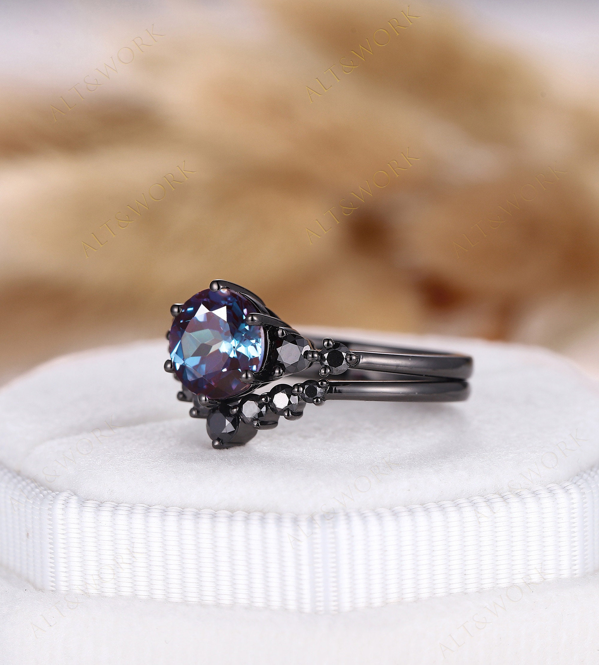 Gothic Round Alexandrite and Black Diamond Engagement Ring Set, Rhodium ...