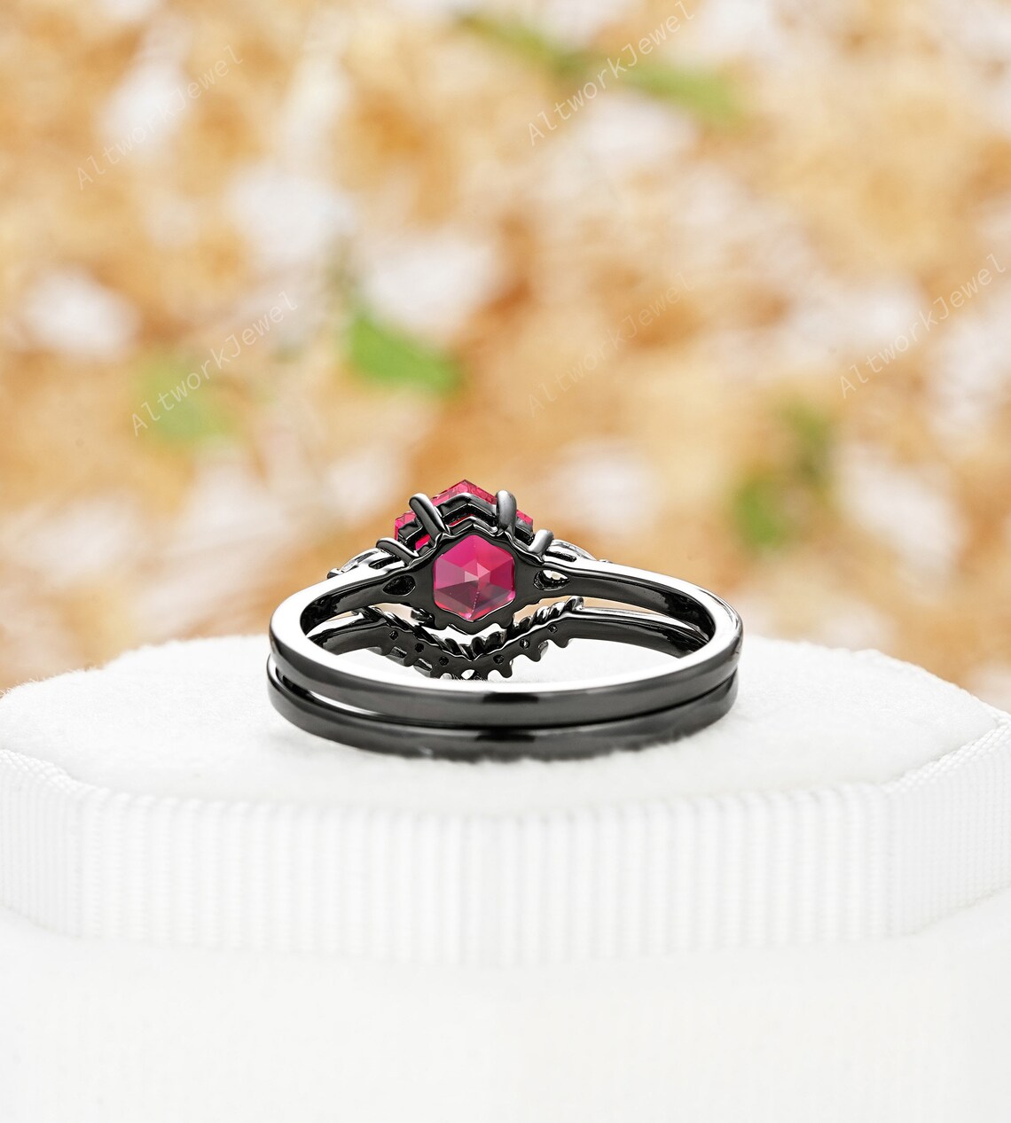 Gothic Hexagon Cut Ruby Engagement Ring Set, Rhodium Black Gold July ...