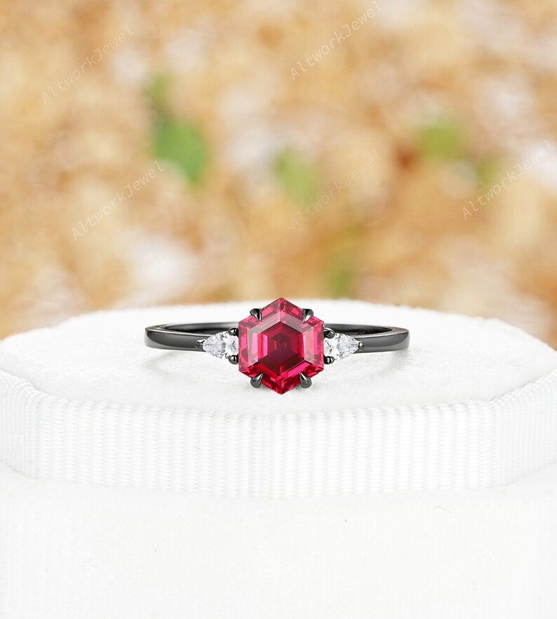 Gothic Hexagon Cut Ruby Engagement Ring Set, Rhodium Black Gold July Birthstone Bridal Set, Ruby ...