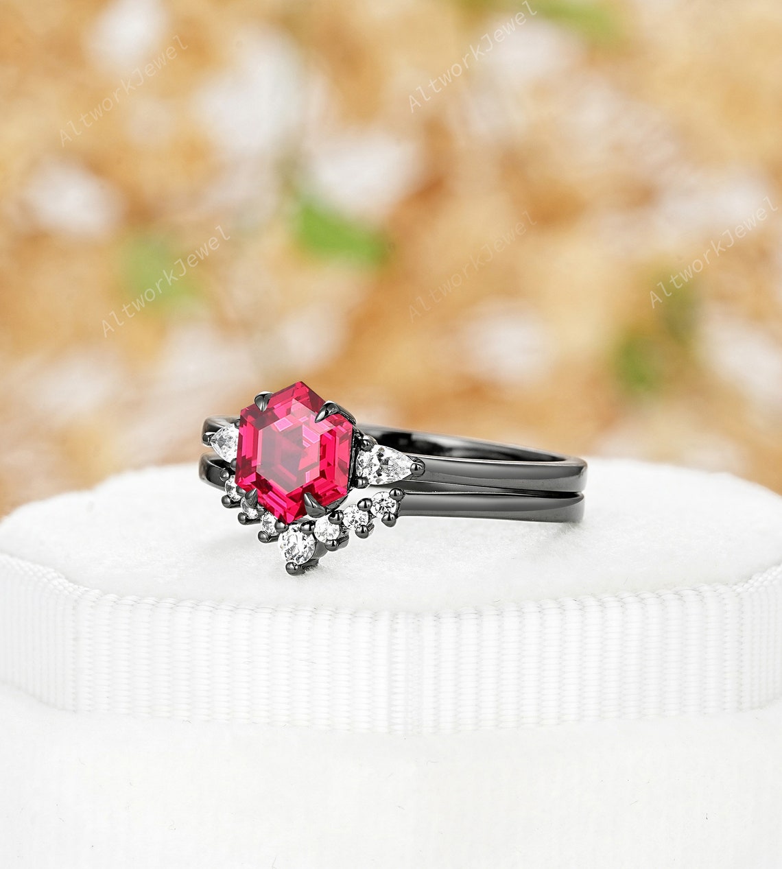 Gothic Hexagon Cut Ruby Engagement Ring Set, Rhodium Black Gold July ...