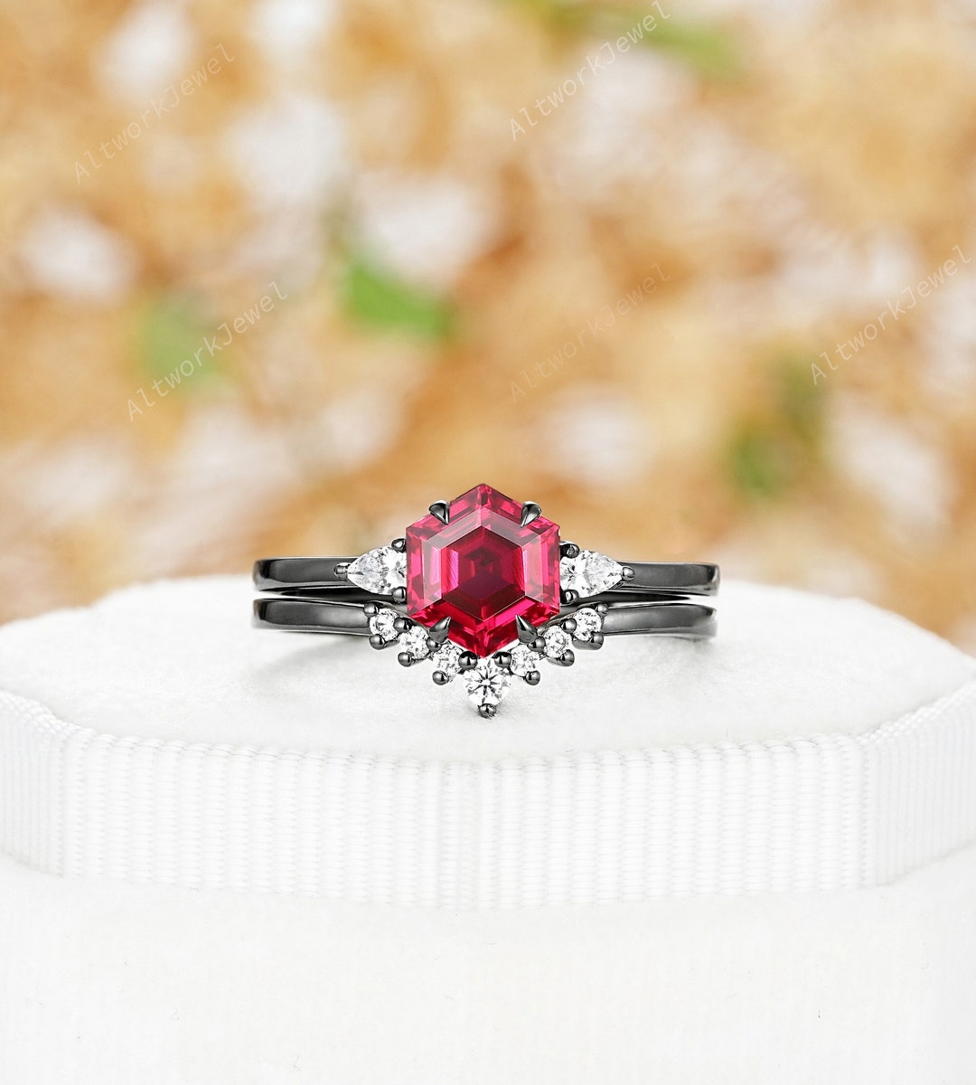 Gothic Hexagon Cut Ruby Engagement Ring Set, Rhodium Black Gold July ...