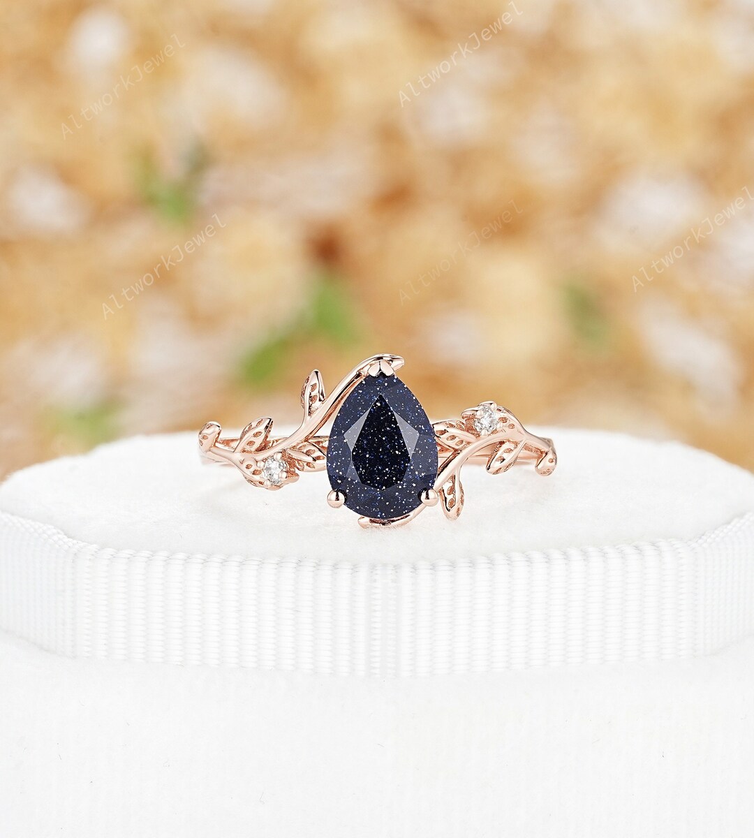 Pear Cut Nebula Blue Sandstone Engagement Ring, Galaxy Starry Blue ...