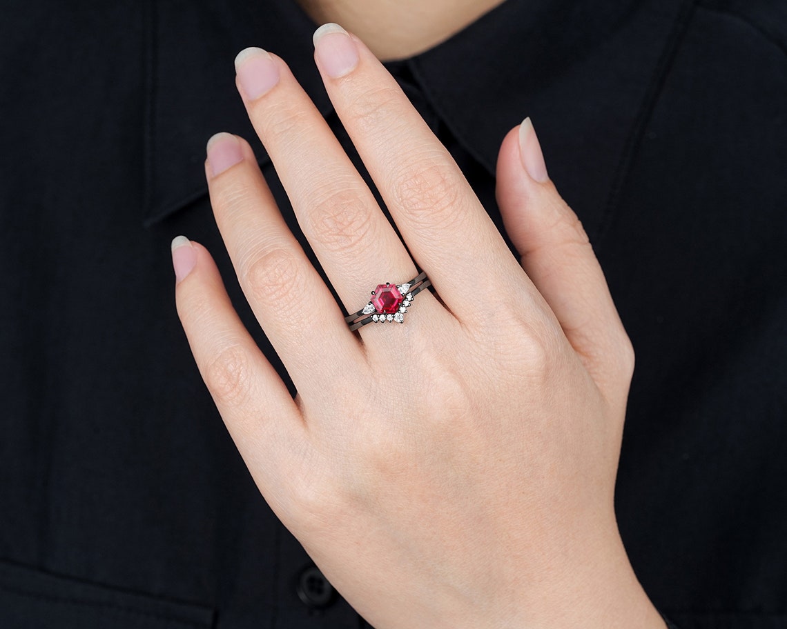 Gothic Hexagon Cut Ruby Engagement Ring Set, Rhodium Black Gold July ...