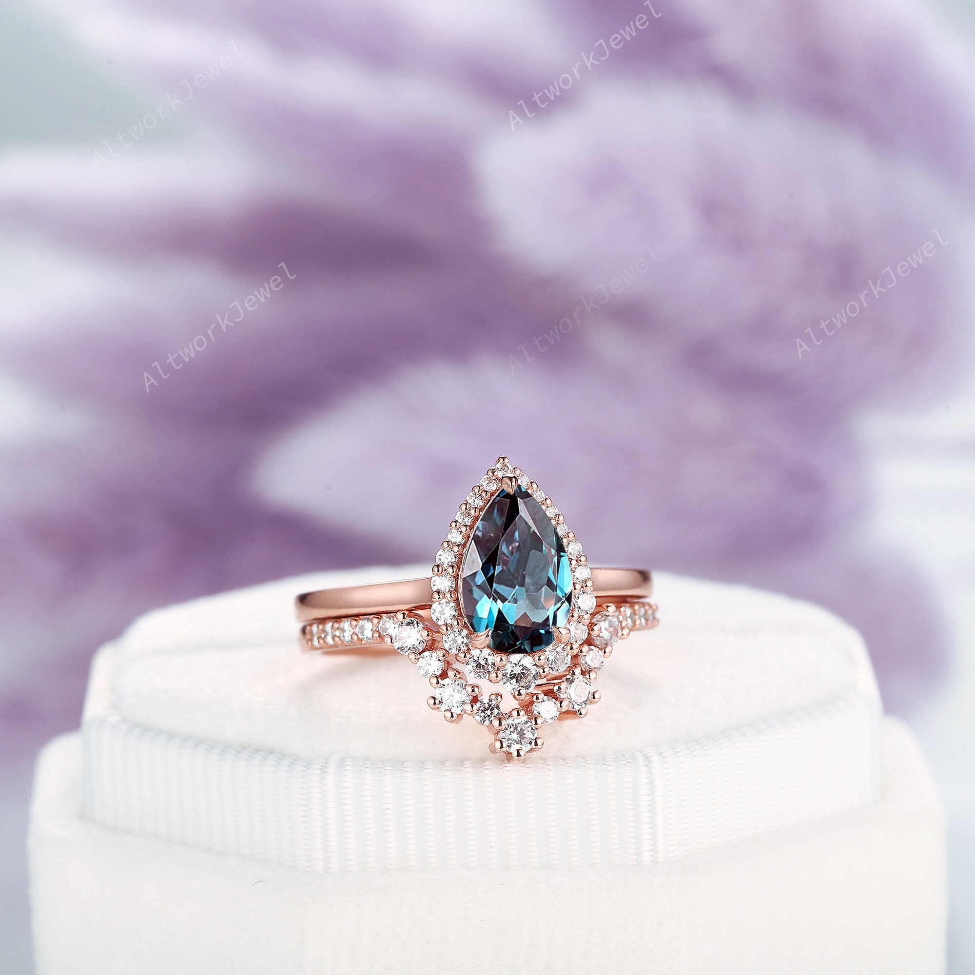 Vintage Pear Shape Alexandrite Bridal Set 14K 18K Rose Gold Halo ...