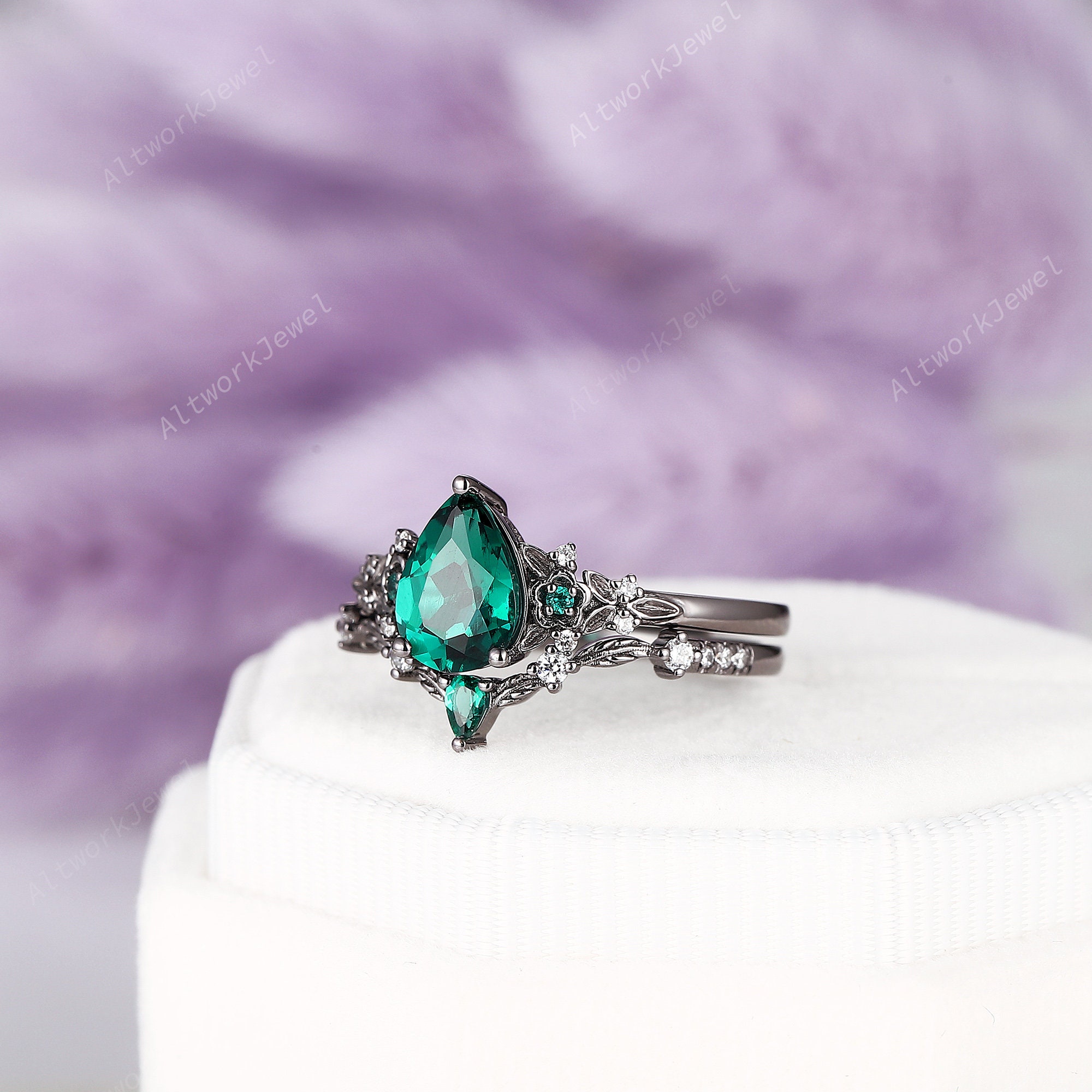 Gothic Pear Shape Emerald Halo Engagement Ring Set, Witchy Rhodium ...