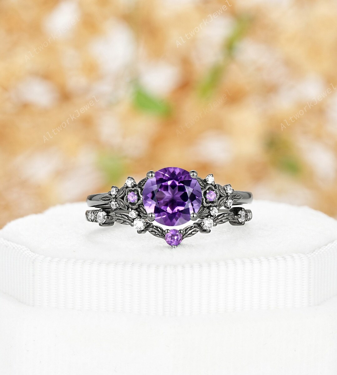 Black Gold Amethyst Engagement Ring Set, Gothic Black Rhodium Round Cut ...