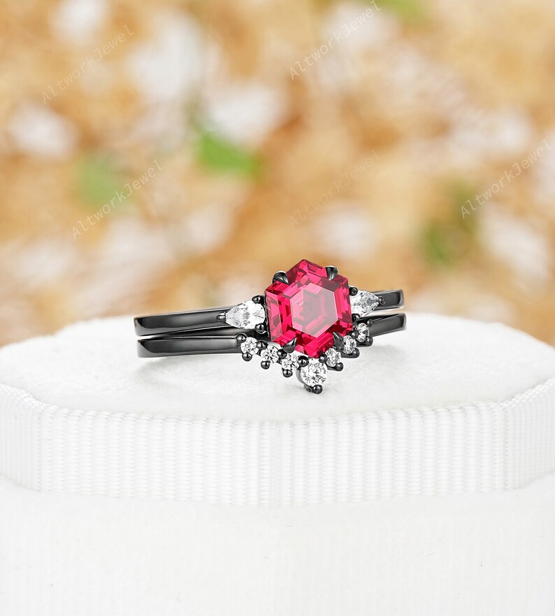 Gothic Hexagon Cut Ruby Engagement Ring Set, Rhodium Black Gold July Birthstone Bridal Set, Ruby ...