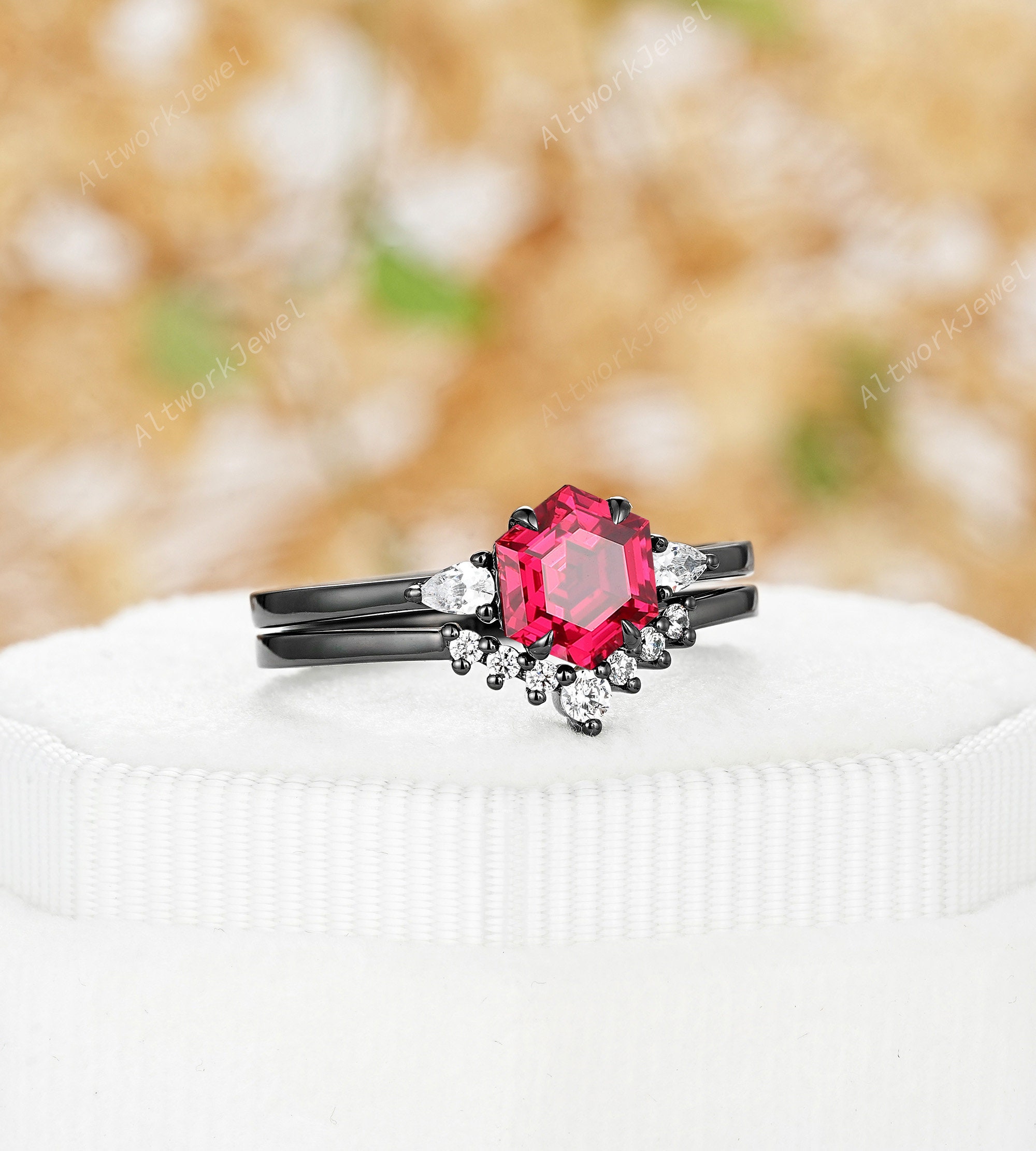 Gothic Hexagon Cut Ruby Engagement Ring Set, Rhodium Black Gold July ...