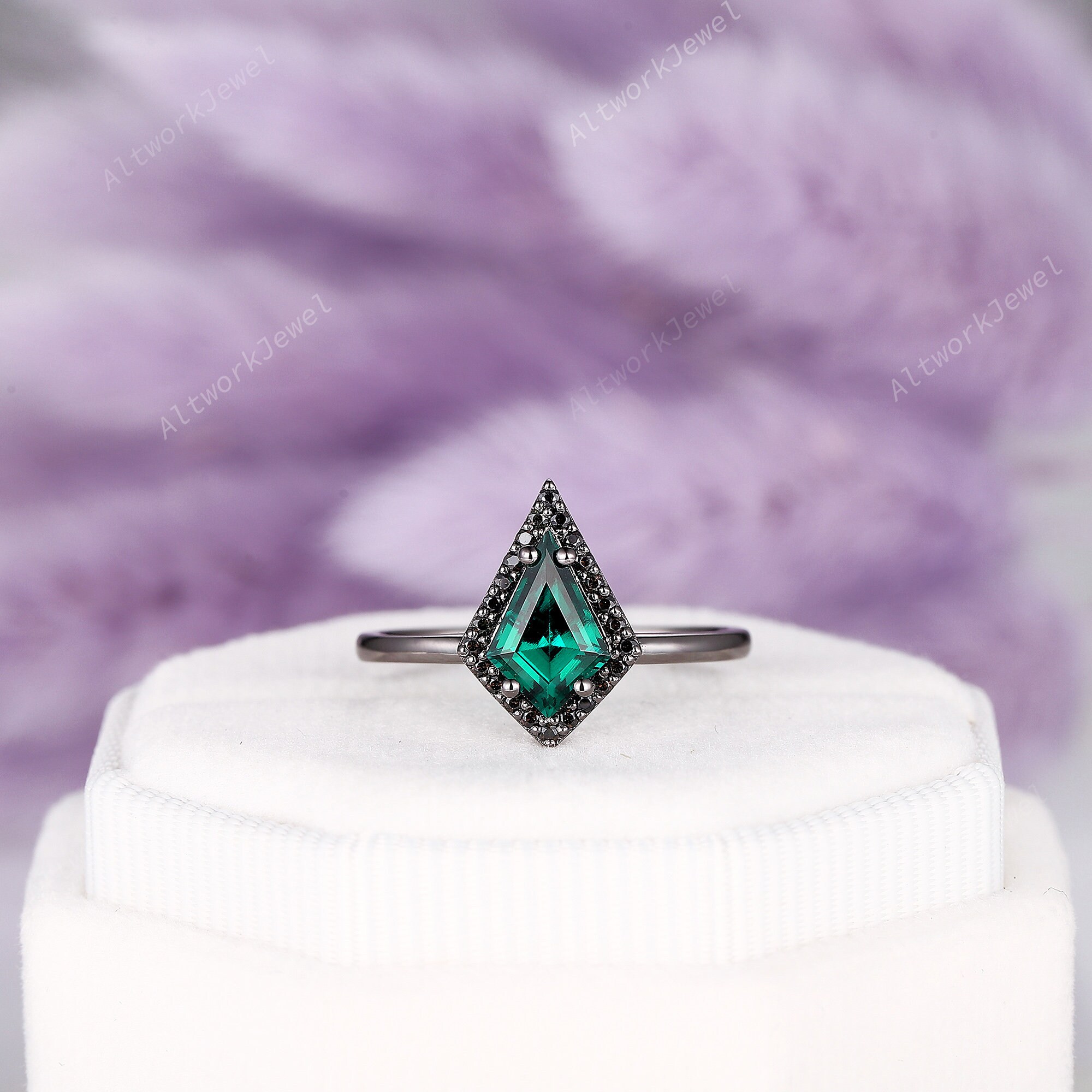 Gothic Kite Shape Emerald Halo Engagement Ring Set, Witchy Rhodium ...