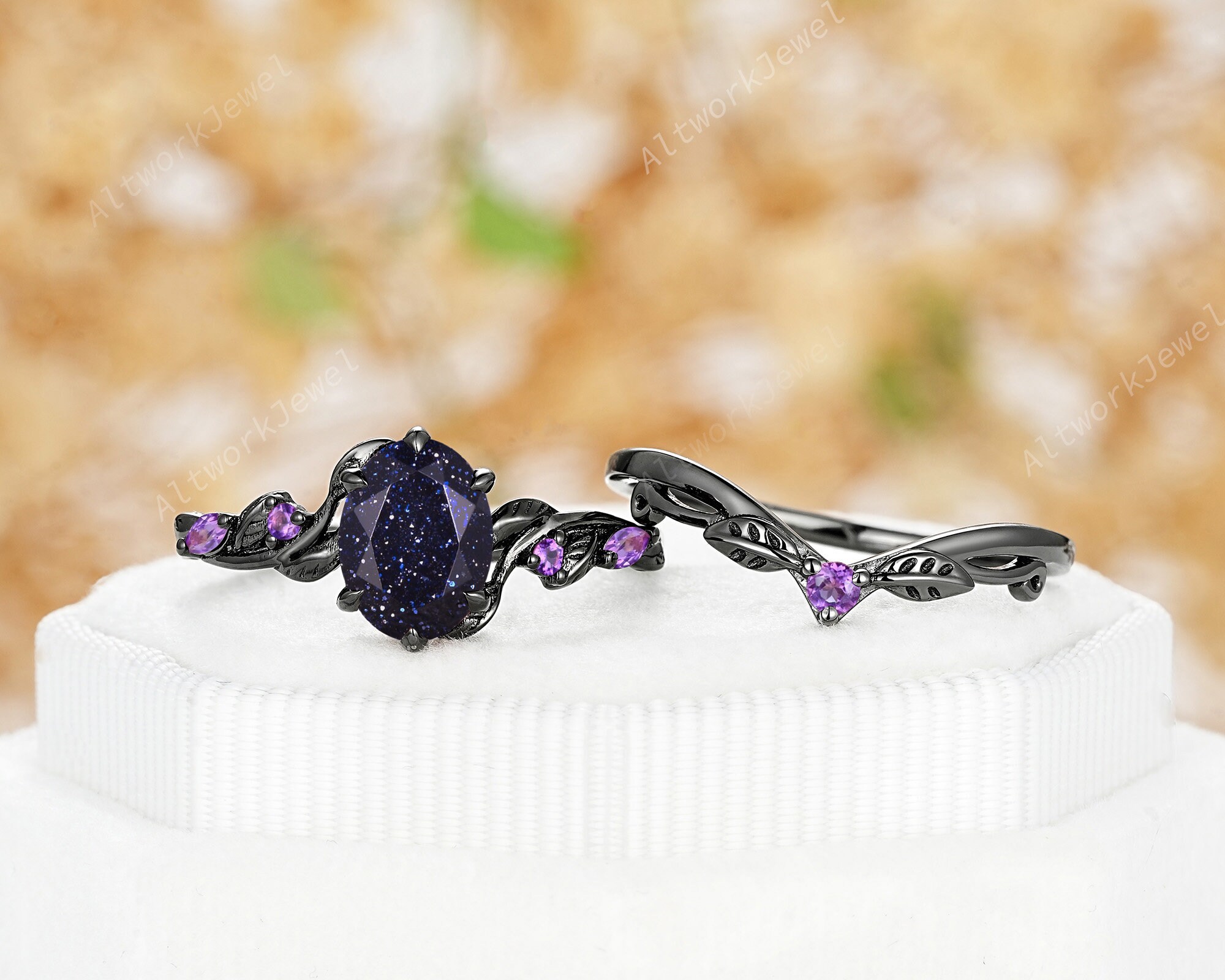 Nebula Blue Sandstone Gothic Bridal Set, Rhodium Black Gold Oval Blue ...