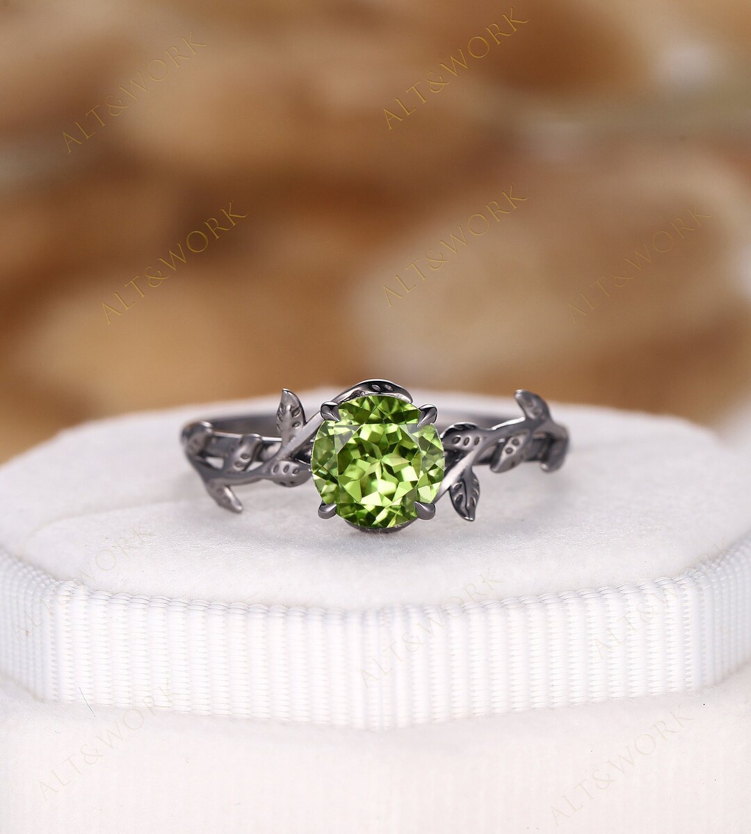 Gothic Peridot Leaf Engagement Ring, Black Gold Round Peridot Solitaire ...