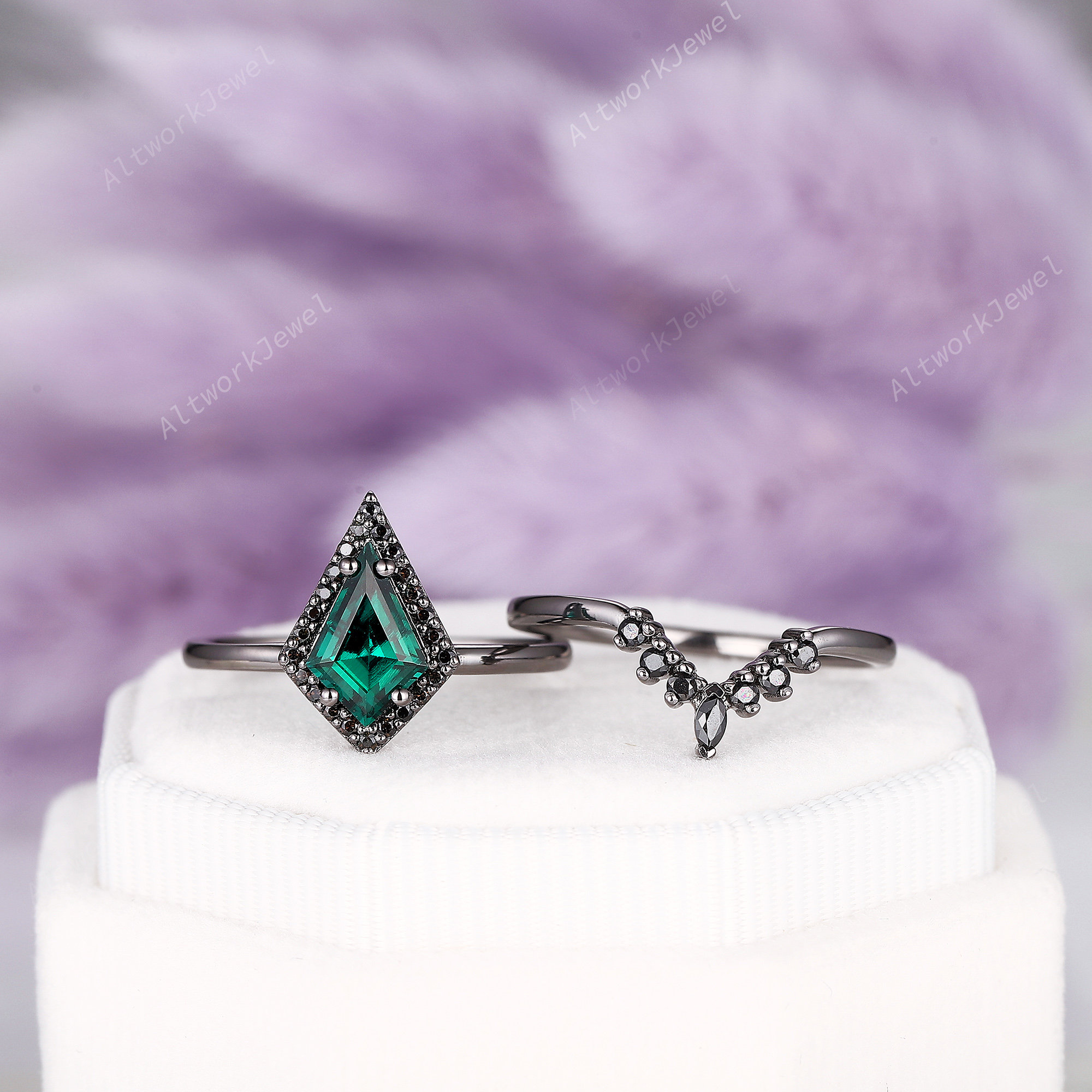 Gothic Kite Shape Emerald Halo Engagement Ring Set, Witchy Rhodium ...