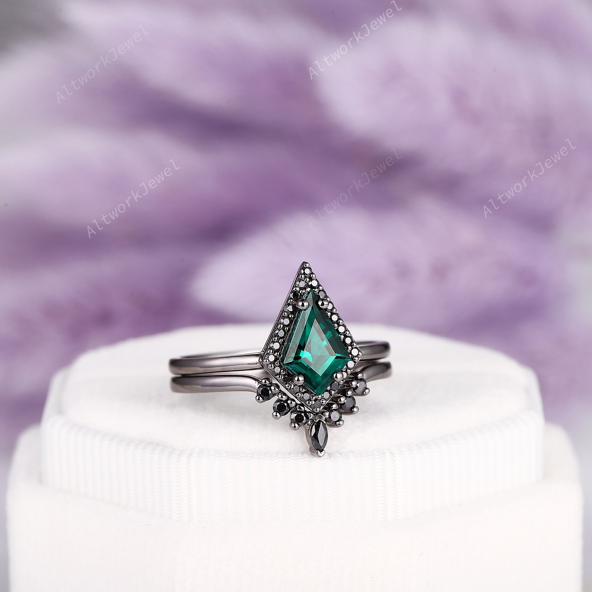 Gothic Kite Shape Emerald Halo Engagement Ring Set, Witchy Rhodium ...