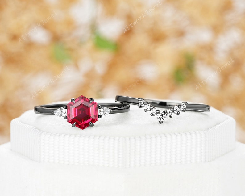Gothic Hexagon Cut Ruby Engagement Ring Set, Rhodium Black Gold July ...