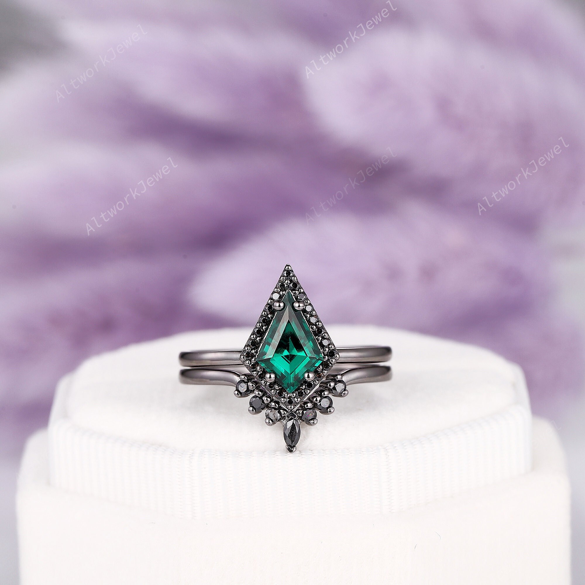 Gothic Kite Shape Emerald Halo Engagement Ring Set, Witchy Rhodium ...