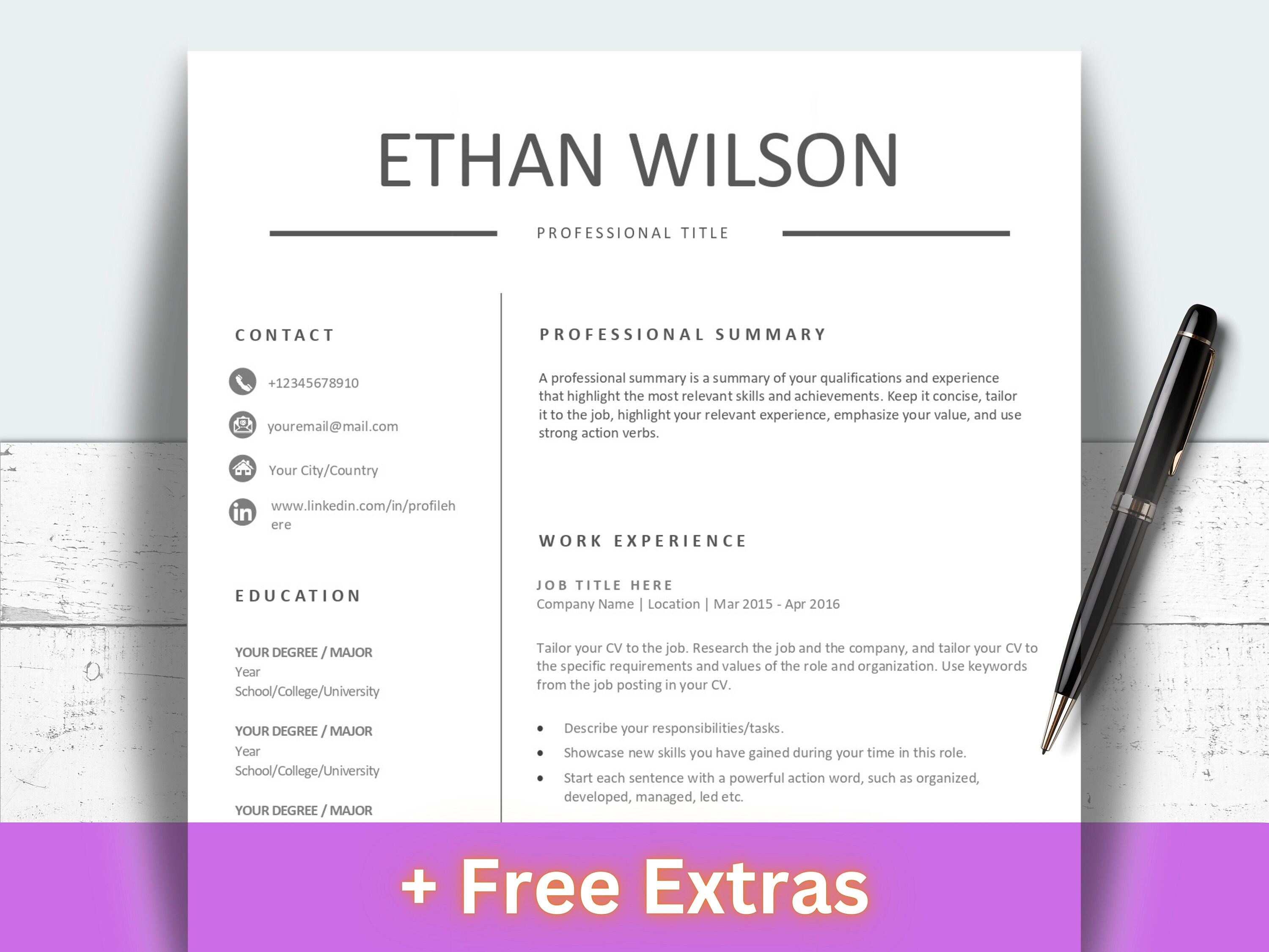 Minimalist ATS CV Template, Modern Executive Resume, Professional ...