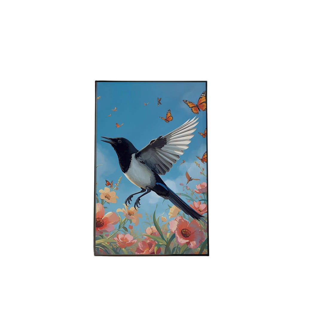 Magpie Bird Butterflies Vertical Canvas Print, Modern Printable Wall ...