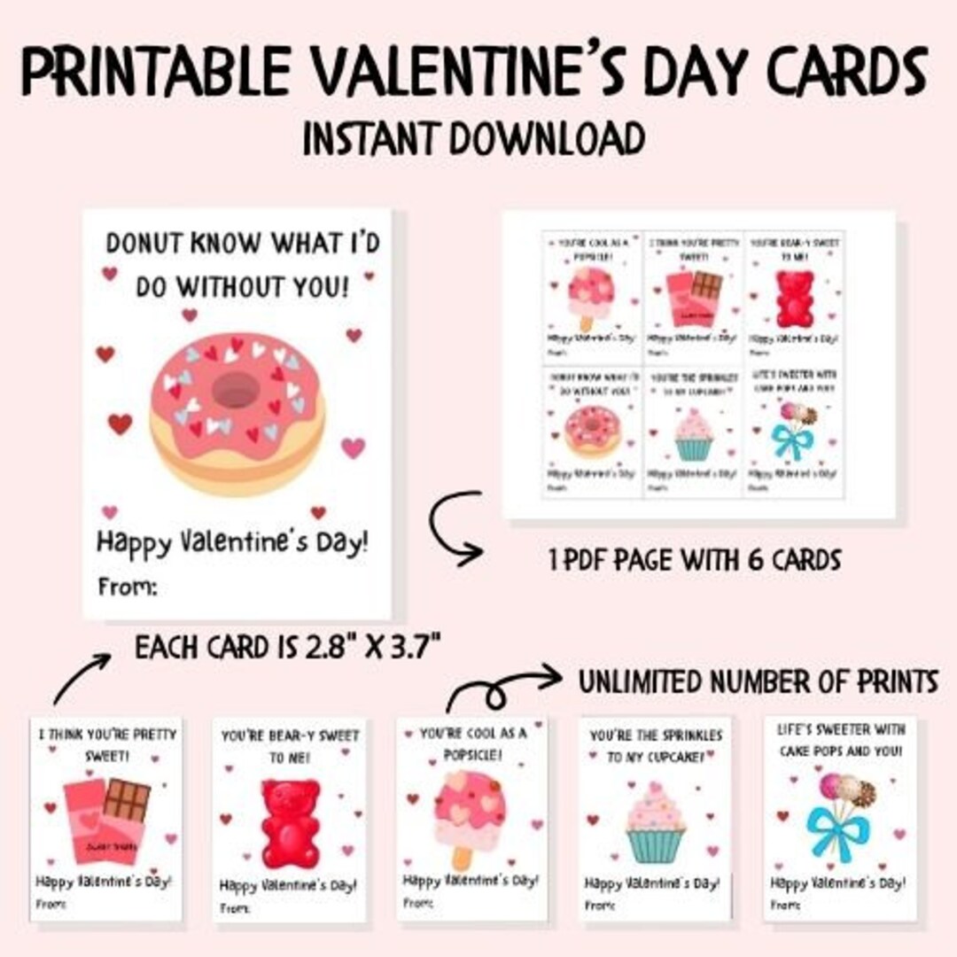 Printable Dessert Valentine's Day Cards, Classroom Valentine's Day ...
