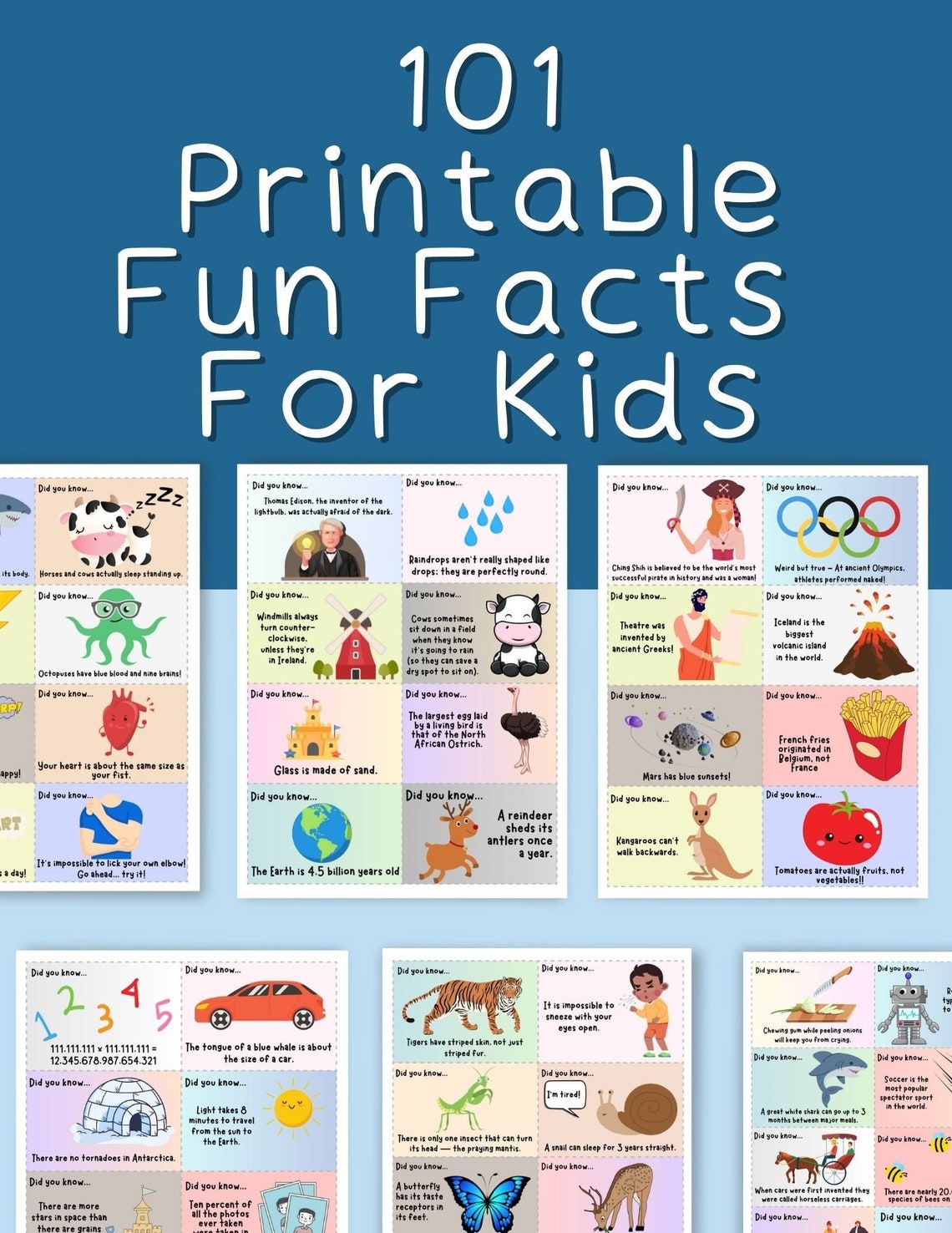 100 Printable Fun Fact Cards for Kids, Instant Download Fun Fact Cards ...