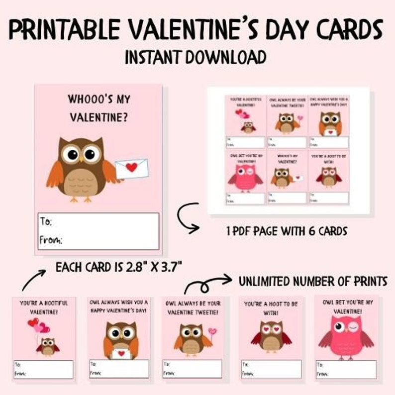 Printable Owl Valentine's Day Cards, Classroom Valentine's Day Cards ...