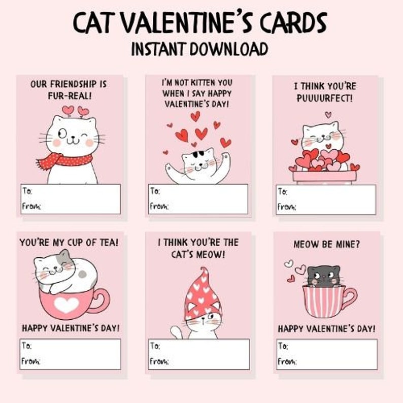 Printable Cat Valentine's Day Cards, Classroom Valentine's Day Cards ...