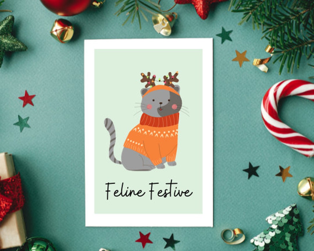 PRINTABLE Christmas Card, Digital Download Cat Christmas Card, Cute ...