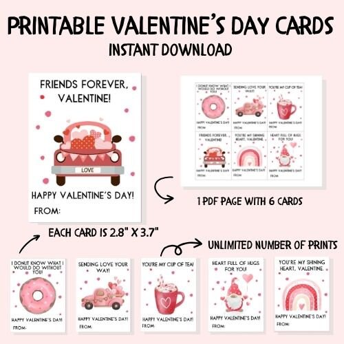 Printable Pink Valentine's Day Cards, Classroom Valentine's Day Cards ...