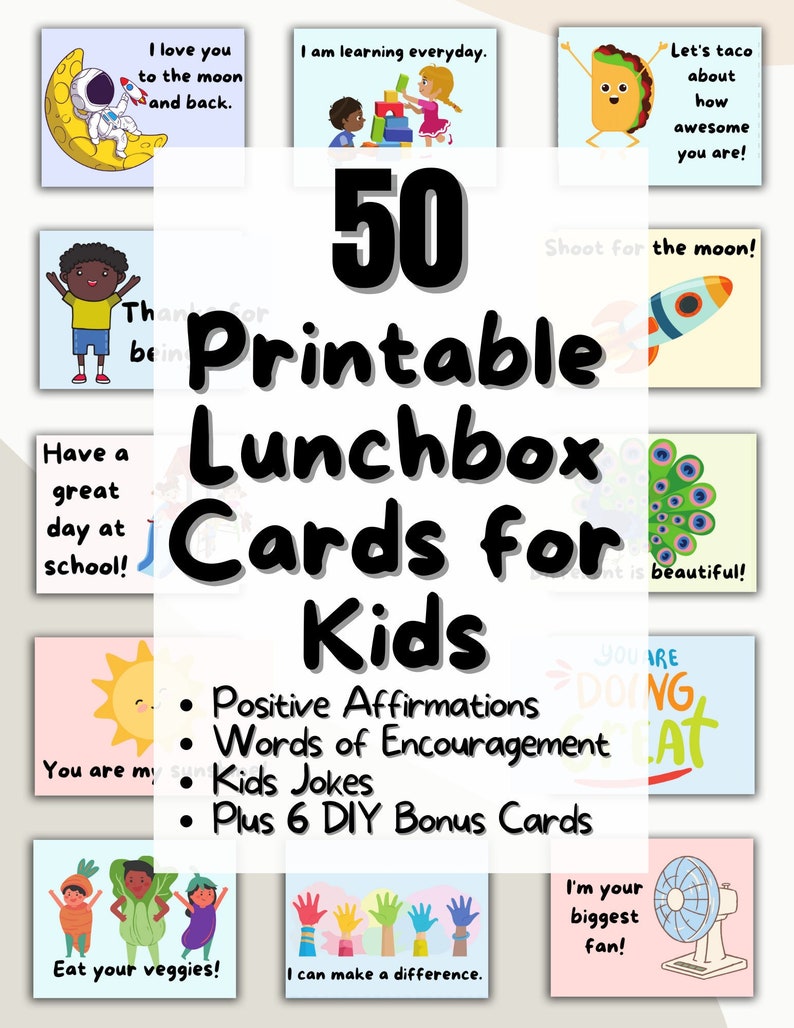 50 Printable Lunchbox Cards, Printable Positive Affirmations for Kids ...