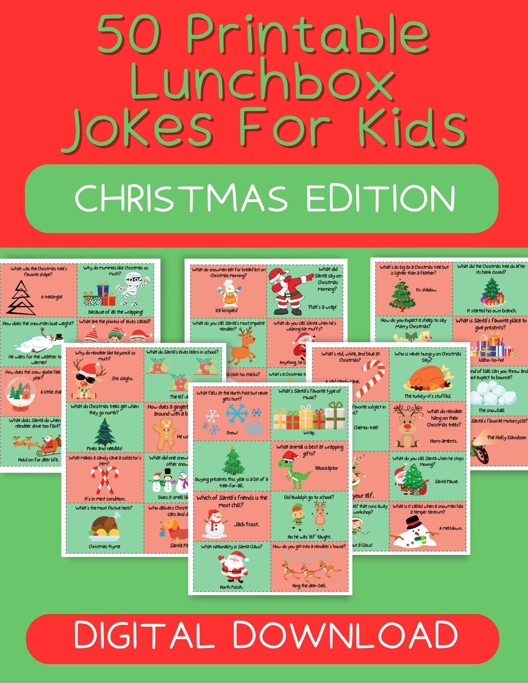50 Printable Christmas Joke Lunchbag Cards for Kids, Instant Download ...