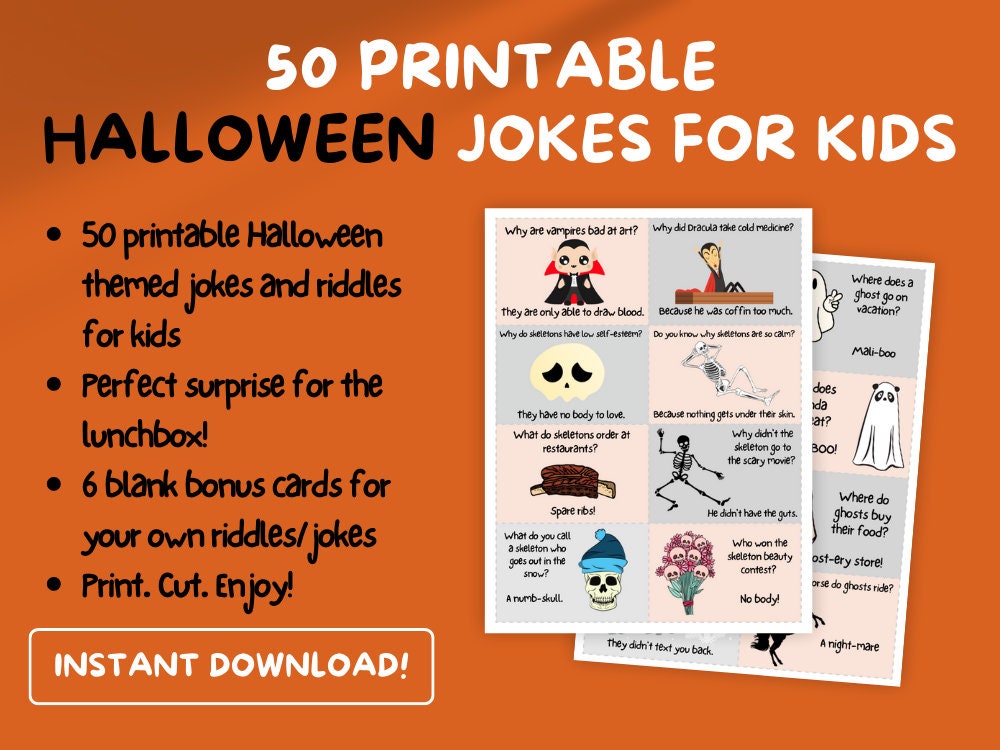 50 Printable Halloween Jokes Lunchbag Cards for Kids, Instant Download ...