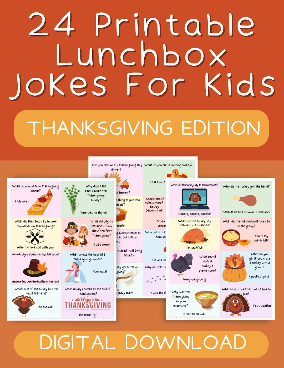 24 Printable THANKSGIVING Jokes Lunchbag Cards for Kids, Instant ...