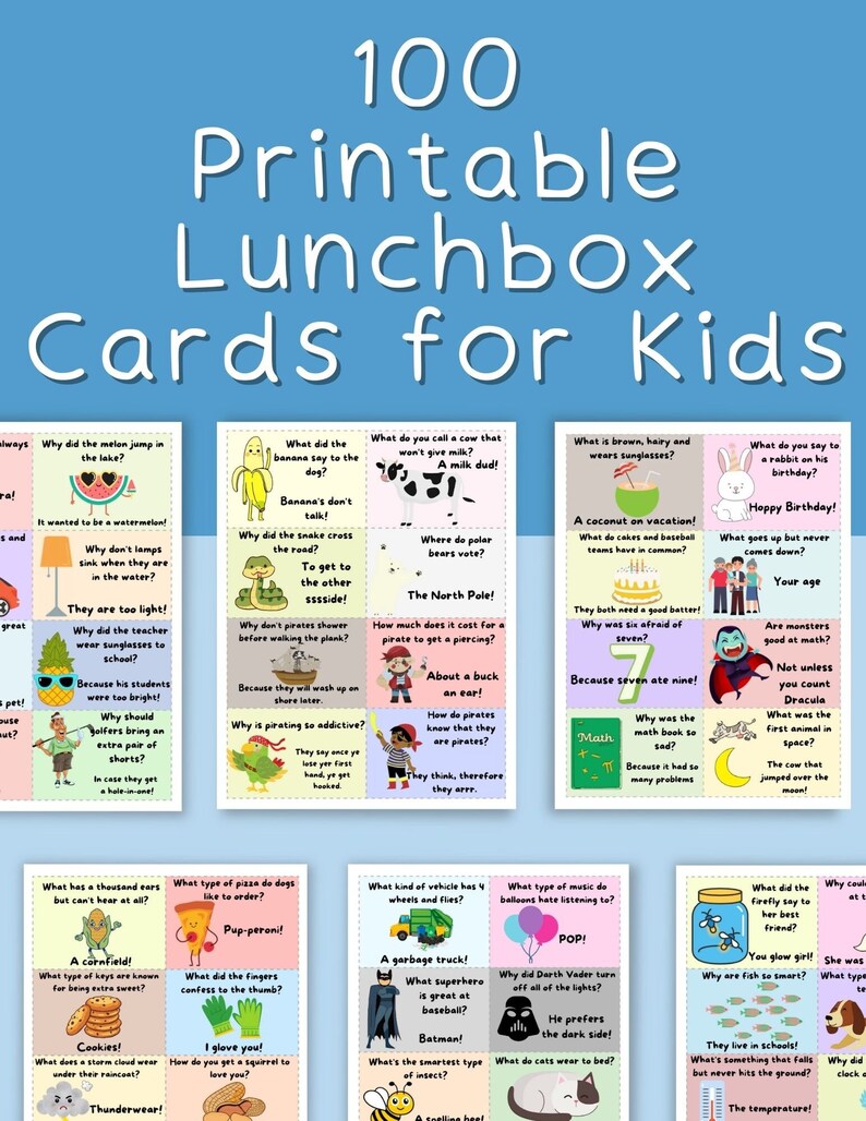 100 Printable Joke Lunchbag Cards for Kids, Instant Download Kids Joke ...